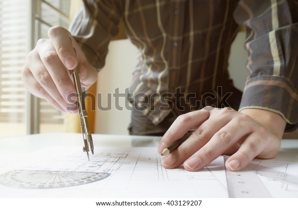 Mans Hand Compass Mechanical Engineer Work Stock Photo 403129207 ...