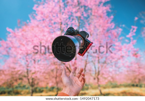 Mans Hand Throwing Camera Background Image Stock Photo 1492047173 ...