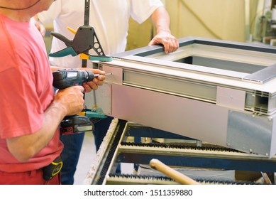 Manufacturing Worker Assembles Pvc Window Factory Stock Photo ...