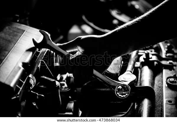Mechanic Hand Checking Fixing Broken Car Stock Photo (Edit Now) 473868034