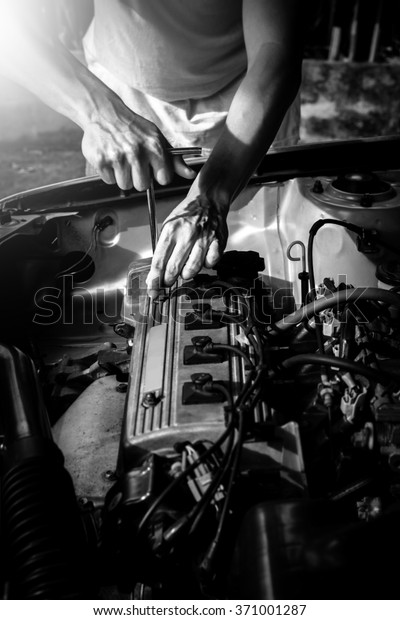 Mechanic Hands Working On Engine Bw Stock Photo (Edit Now) 371001287