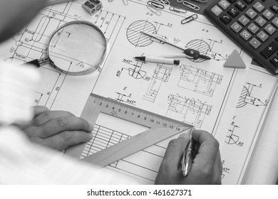 Mechanical Engineer Work Technical Drawings Paper Stock Photo (Edit Now ...