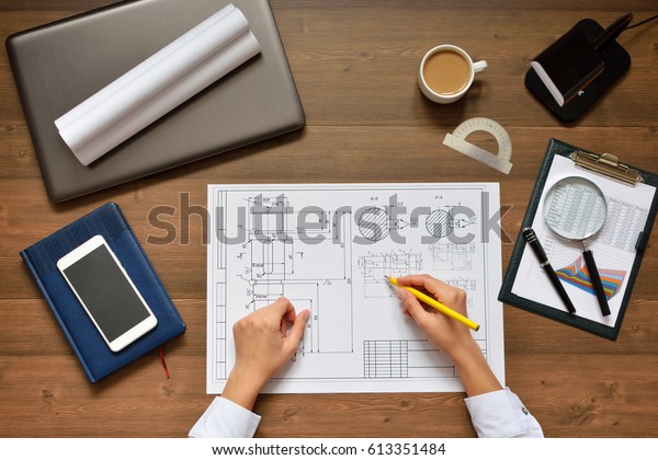 Mechanical Engineer Work Technical Drawings Paper Stock Photo 613351484 ...