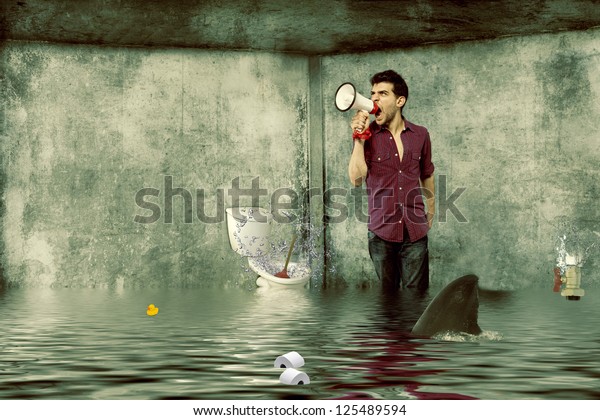 Men Screaming Help Megaphone While Bathroom Stock Photo (Edit Now ...