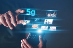 Fast internet connection with Metaverse technology concept, Hand ...