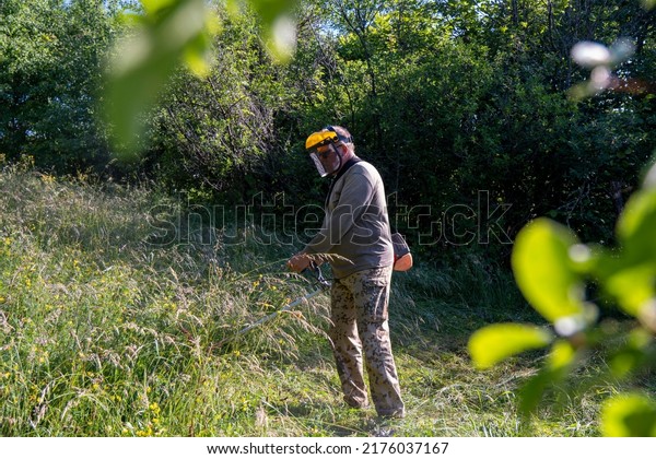 Middleaged Man Face Shield Trims Grass Stock Photo 2176037167 ...