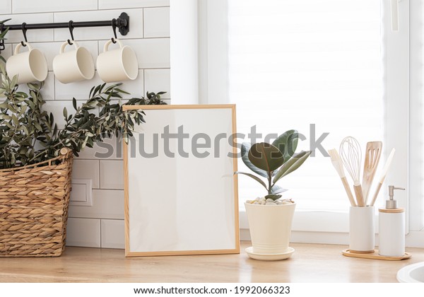 Mock Frame Kitchen Interior Background Scandinavian Stock Photo ...