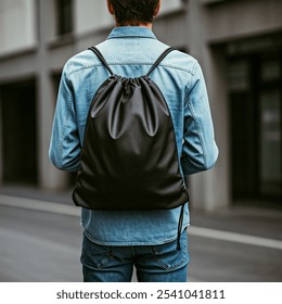 Model Wearing Black Drawstring Backpack View AI-generated image ...