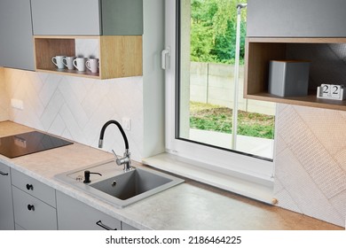 Modern Kitchen Sink Window Empty Kitchen Stock Photo 2186464225 ...