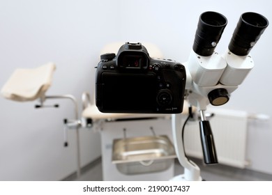 Modern Microscope Connected Reflex Camera Against Stock Photo ...