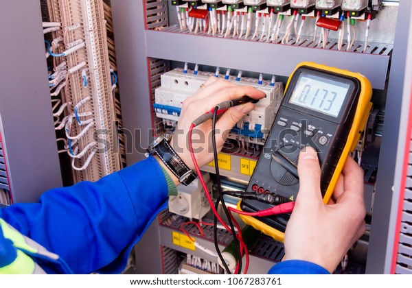 Multimeter Hands Engineer Electrical Cabinet Adjustment Stock Photo ...