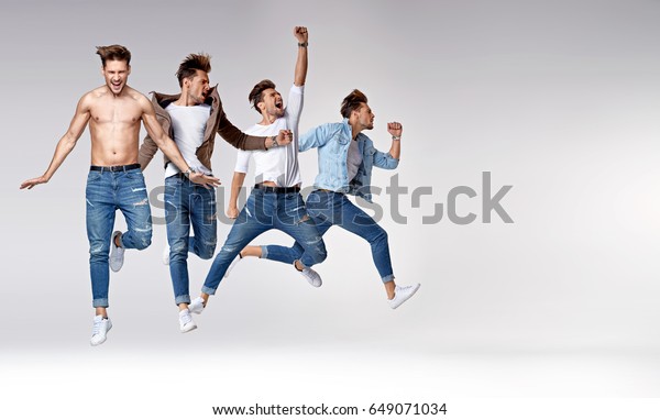 Multiple portrait of a jumping smart man