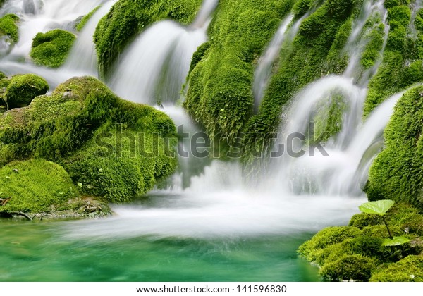 Natural Spring Waterfall Surrounded By Moss Stock Photo 141596830 ...