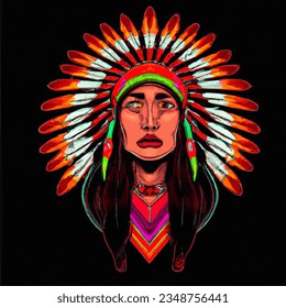 Native-american-girl-feathers-orange-spot-lots-of-bright-colors-on-dark ...
