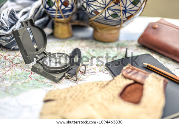 Objects Adventurous Journey Map Compass Notebook Stock Photo 1094463830 ...
