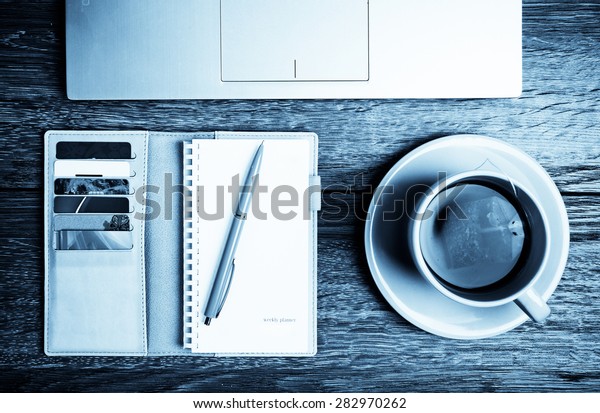 Office Desk Laptop Computer Planner Cup Stock Photo 282970262 ...
