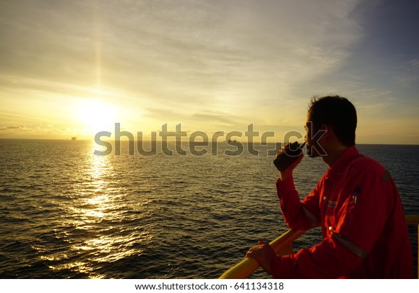 Offshore Worker Communicate Offshore Vessel Captain Stock Photo ...