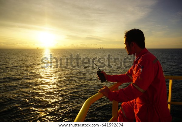 Offshore Worker Communicate Offshore Vessel Captain Stock Photo ...