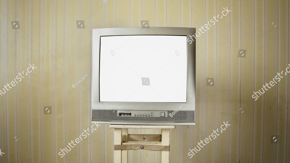 Old tv with empty white screen for mockup stands on wooden stool in ...