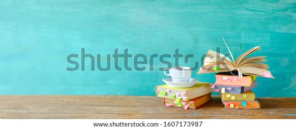 Open Book Stack Books Bookmarks Cup Stock Photo 1607173987 | Shutterstock