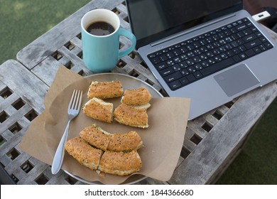 Open Laptop Computer Bread Coffee Outdoor Stock Photo 1844366680 ...