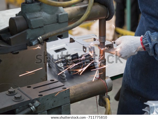 Operator Working Spot Welding Process Automotive Stock Photo 711775810 ...