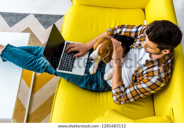 Overhead View Man Using Laptop On Stock Photo (Edit Now) 1285683112