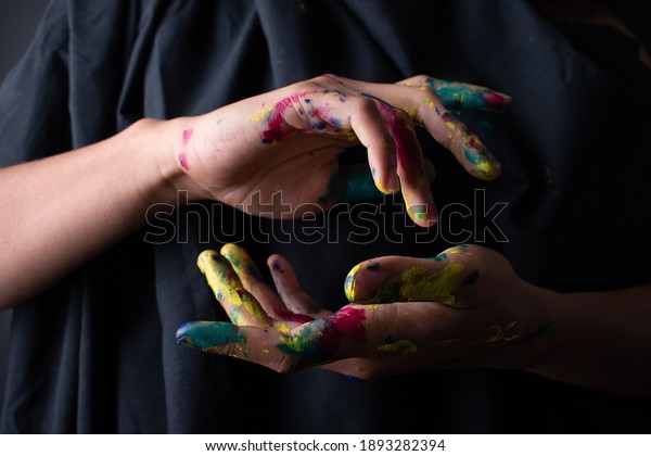 Paint Splattered Hands Create Posed Gestures Stock Photo 1893282394 ...