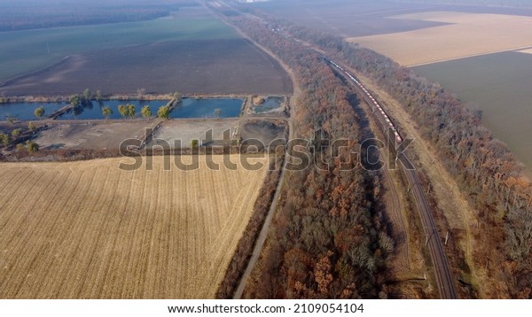 Panoramic View of Moving Freight Train Along Railway Tracks Among Trees ...