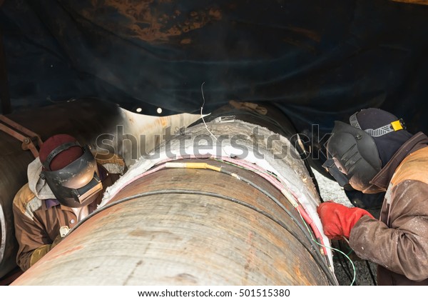 Parallel Welding Two Pipe Welders Simultaneously Stock Photo 501515380 ...