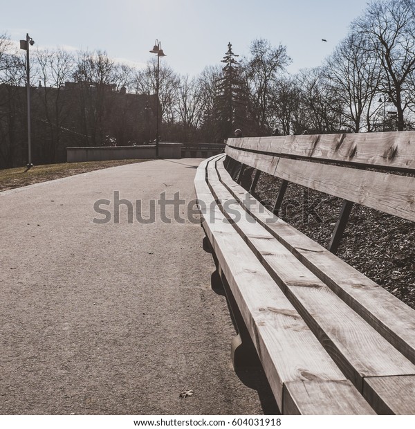 Park Bench Spring Perspective View Sun Stock Photo (Edit Now) 604031918