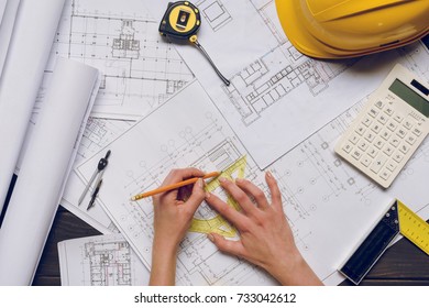 Partial View Architect Working On Blueprints Stock Photo 733042612 ...