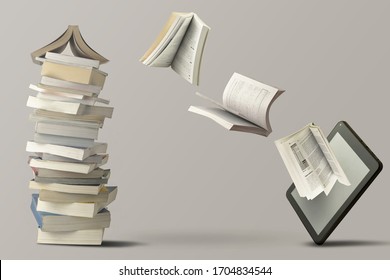 Pile Books Jumping Inside Elearning Tabletconcept Stock Photo ...