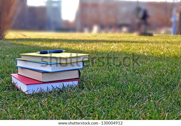 Pile Colorful Books On Lawn Campus Stock Photo (Edit Now) 130004912 Pile Colorful Books On Lawn Campus Stock Photo (Edit Now) 130004912