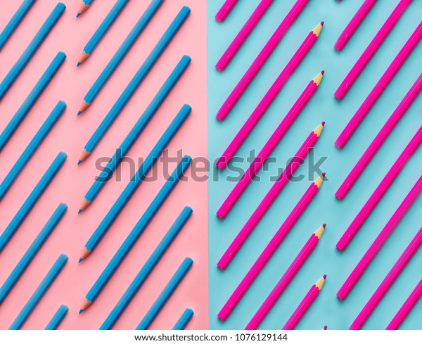 Pink and blue pencils parallel pattern top view. Half divided ...