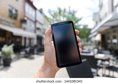 Mans Hand Shows Mobile Smartphone Vertical Stock Photo 342593297 ...