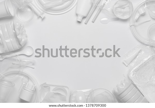 Plastic waste. Single-use plastic objects, ecological pollution. Frame ...