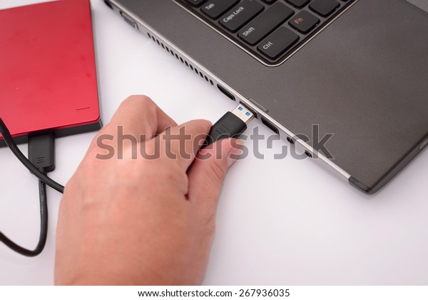 Plugging External Hard Disk Into Laptop Stock Photo 267936035 ...