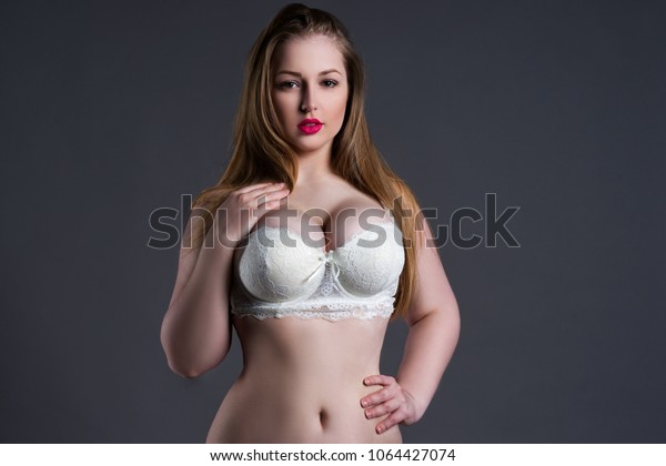 Plus Size Sexy Model In White Bra Fat Woman With Big Natural Breast On