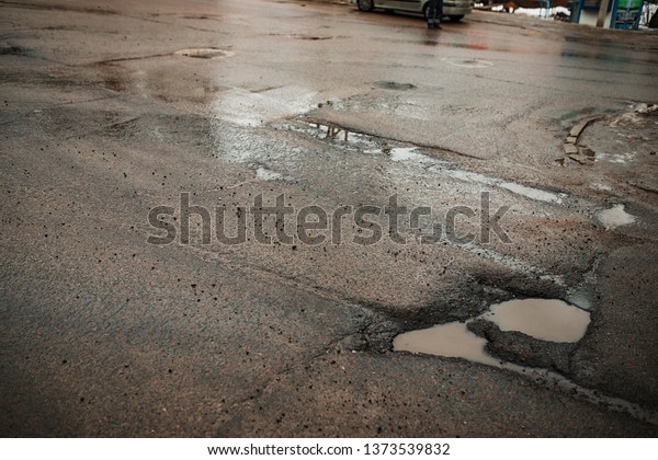 Poor Road Condition Sidewalks Puddles Pits Stock Photo 1373539832 ...