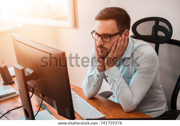 Portrait Bored Man Looking Computer Monitor Stock Photo (Edit Now ...