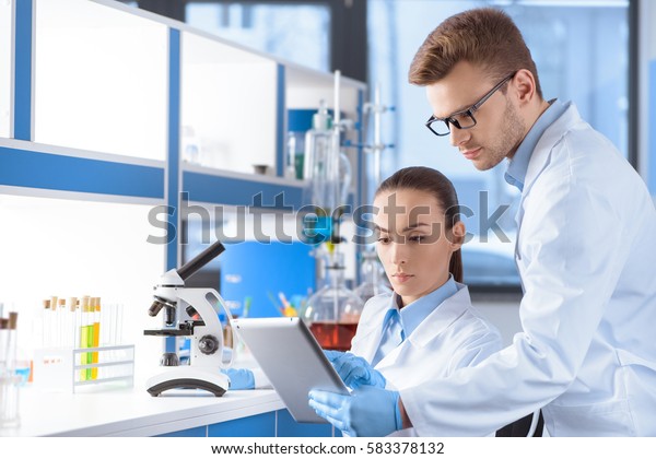 Portrait Concentrated Scientists Using Digital Tablet Stock Photo ...