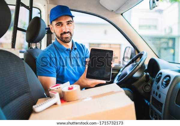 Portrait Delivery Man Driver Using Digital Stockfotó 1715732173 ...