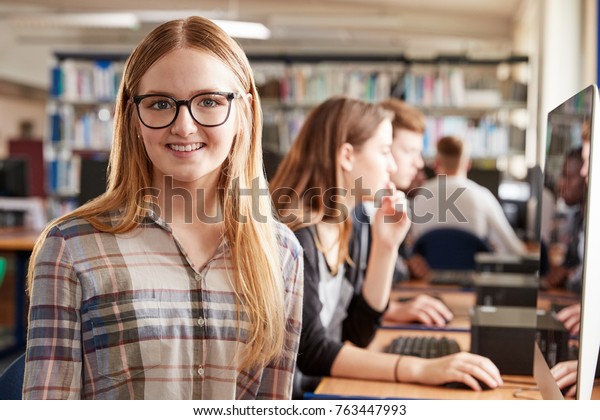 Portrait Female Student Using Computer College Stock Photo 763447993 ...