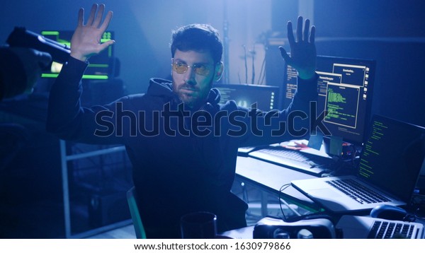 Portrait Scared Obedient Computer Hacker Stealing Stock Photo ...