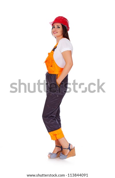 Portrait Sexy Engineer Posing Studio Red Stock Photo 113844091 ...