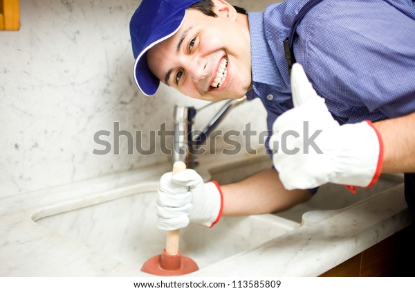Portrait Smiling Plumber Using Plunger Stock Photo 113585809 | Shutterstock