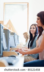 Portrait Smiling Students Using Computers Room Stock Photo 85121458 ...