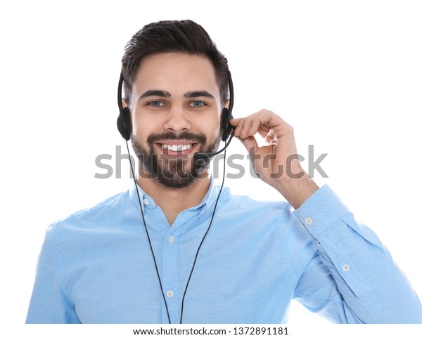 Portrait Technical Support Operator Headset Isolated Stock Photo ...