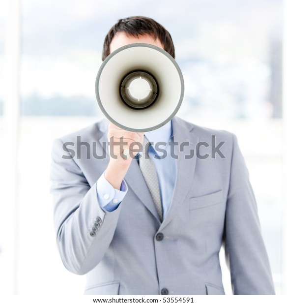 Portrait Young Businessman Using Megaphone Office Stock Photo (Edit Now ...
